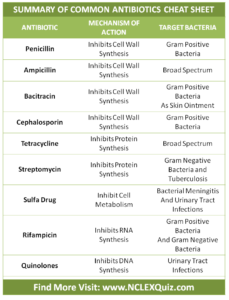 Summary of Common Antibiotics Cheat Sheet - NCLEX Quiz